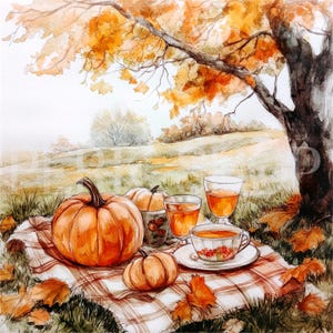 Autumn Pumpkin Picnic Watercolor Art: Fall Landscape (digital Download ...