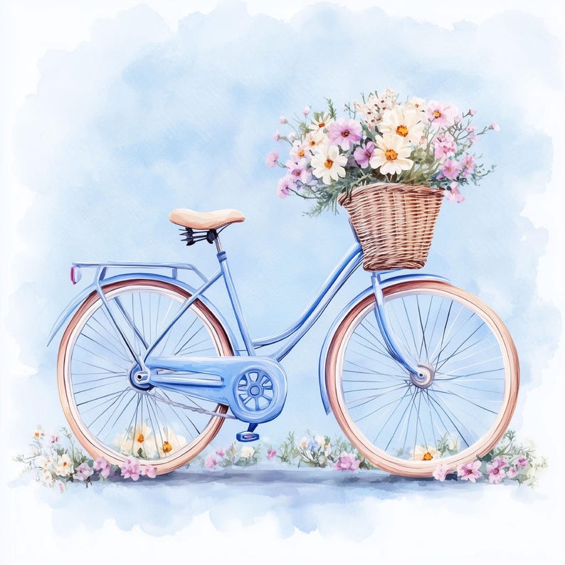 Floral Bicycle Watercolor Clipart: Printable Craft Paper (digital ...