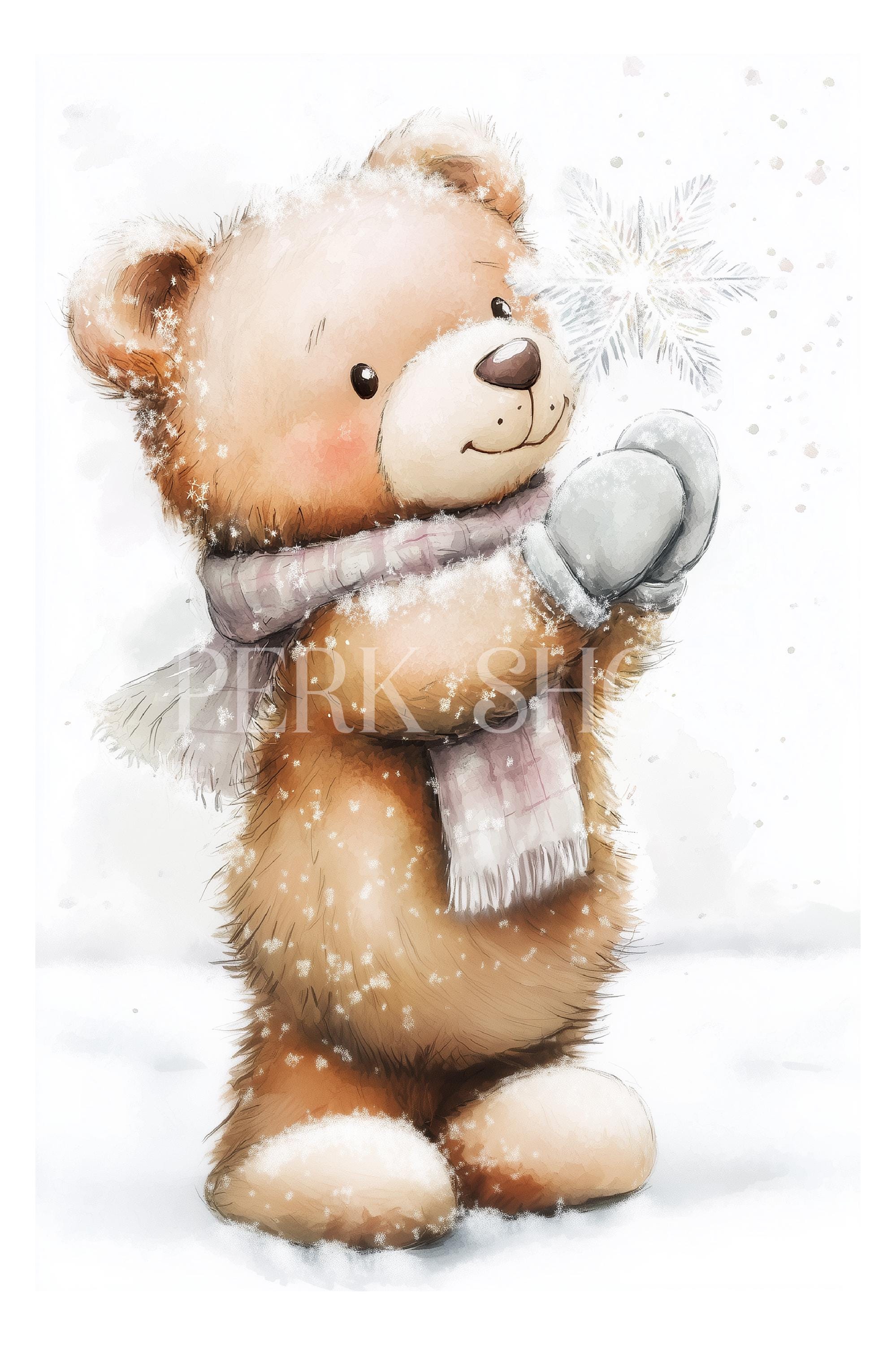 Watercolor Christmas Teddy Bear Clipart: Winter Snowflakes (digital ...