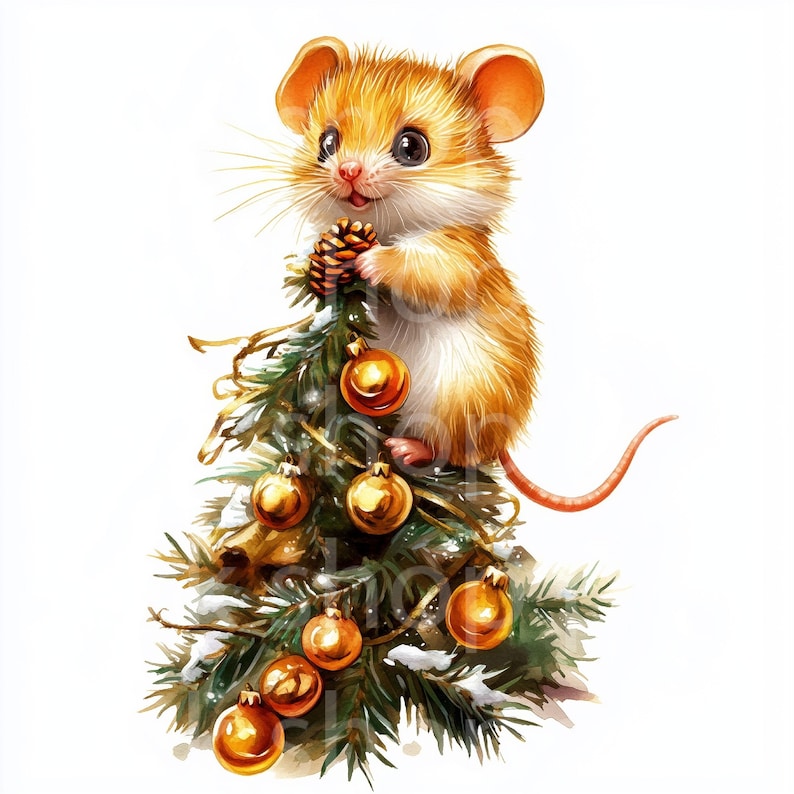 8 Christmas Tree Mice Clipart, Mouse Winter Decor Watercolor Art ...