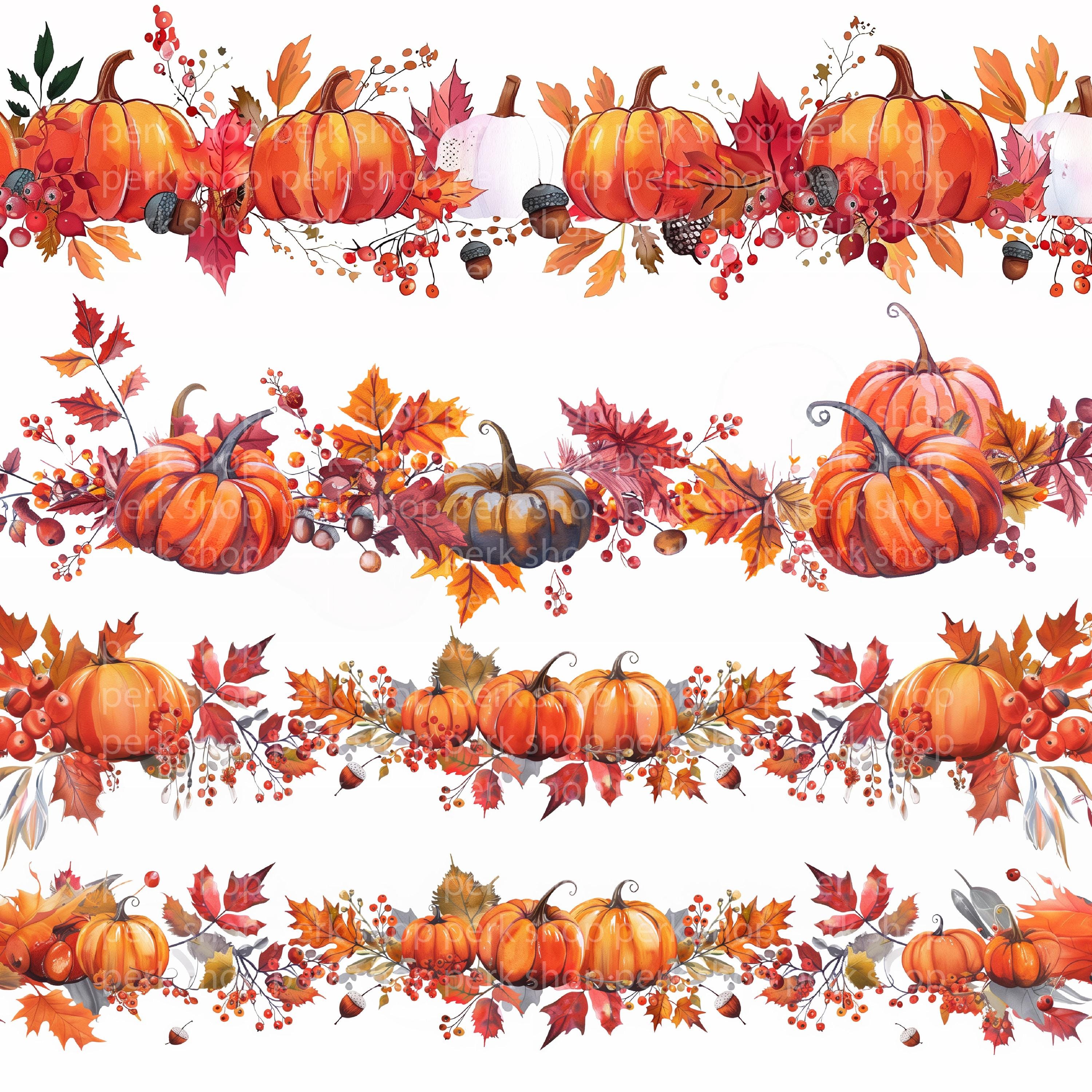 Autumn Pumpkin Border Clipart, Fall Watercolor Leaves Garland PNG ...