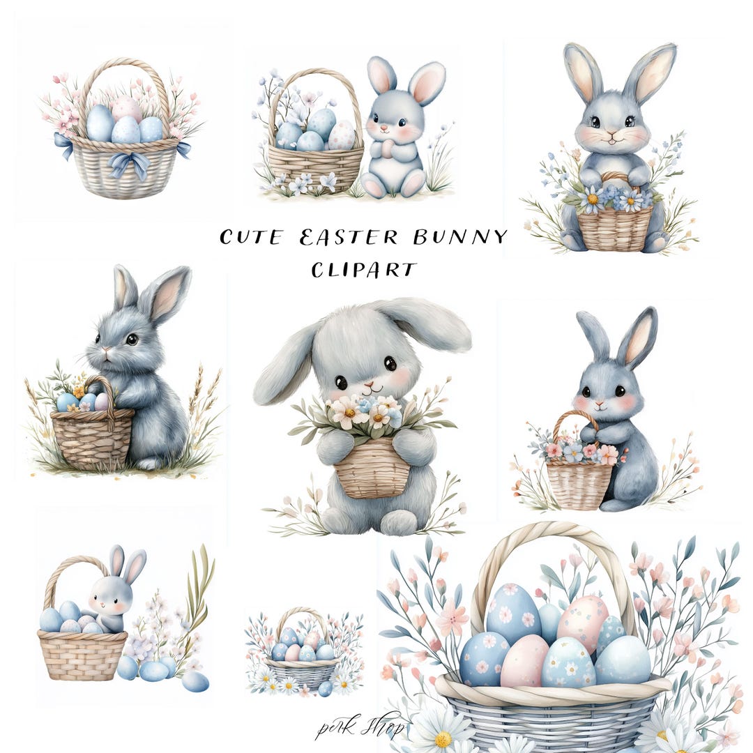 Easter Bunny Clipart Set: Baby Rabbit, Basket Flowers (digital Download ...
