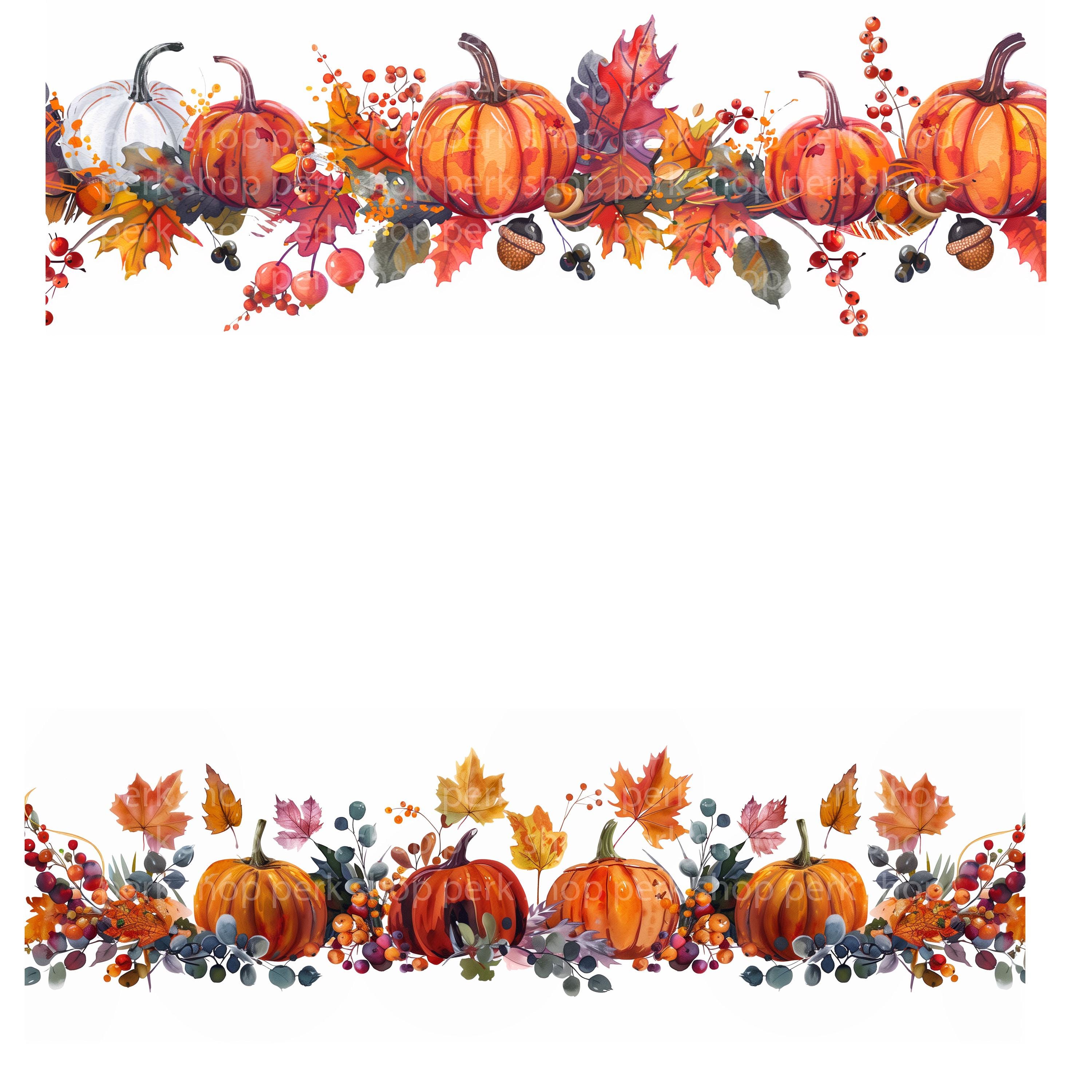 Autumn Pumpkin Border Clipart, Fall Watercolor Leaves Garland PNG ...