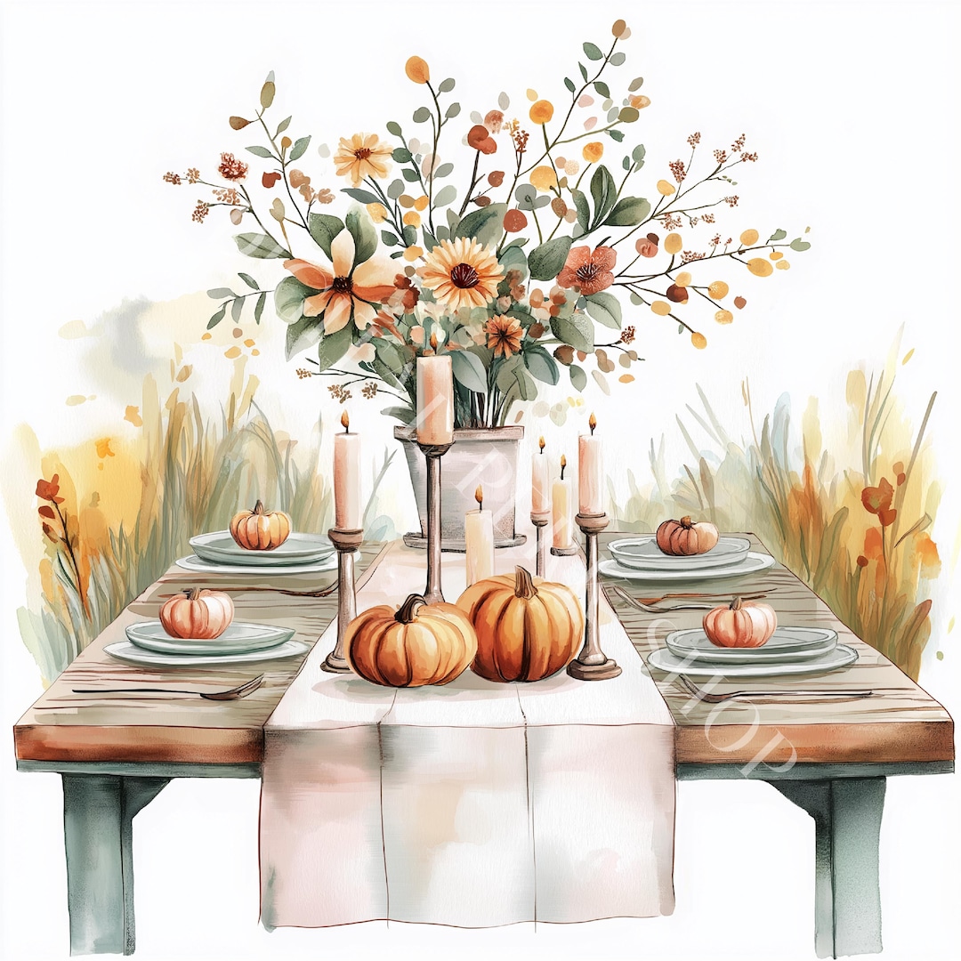 Watercolor Thanksgiving Table Clipart: Autumn Pumpkin Decor (digital ...
