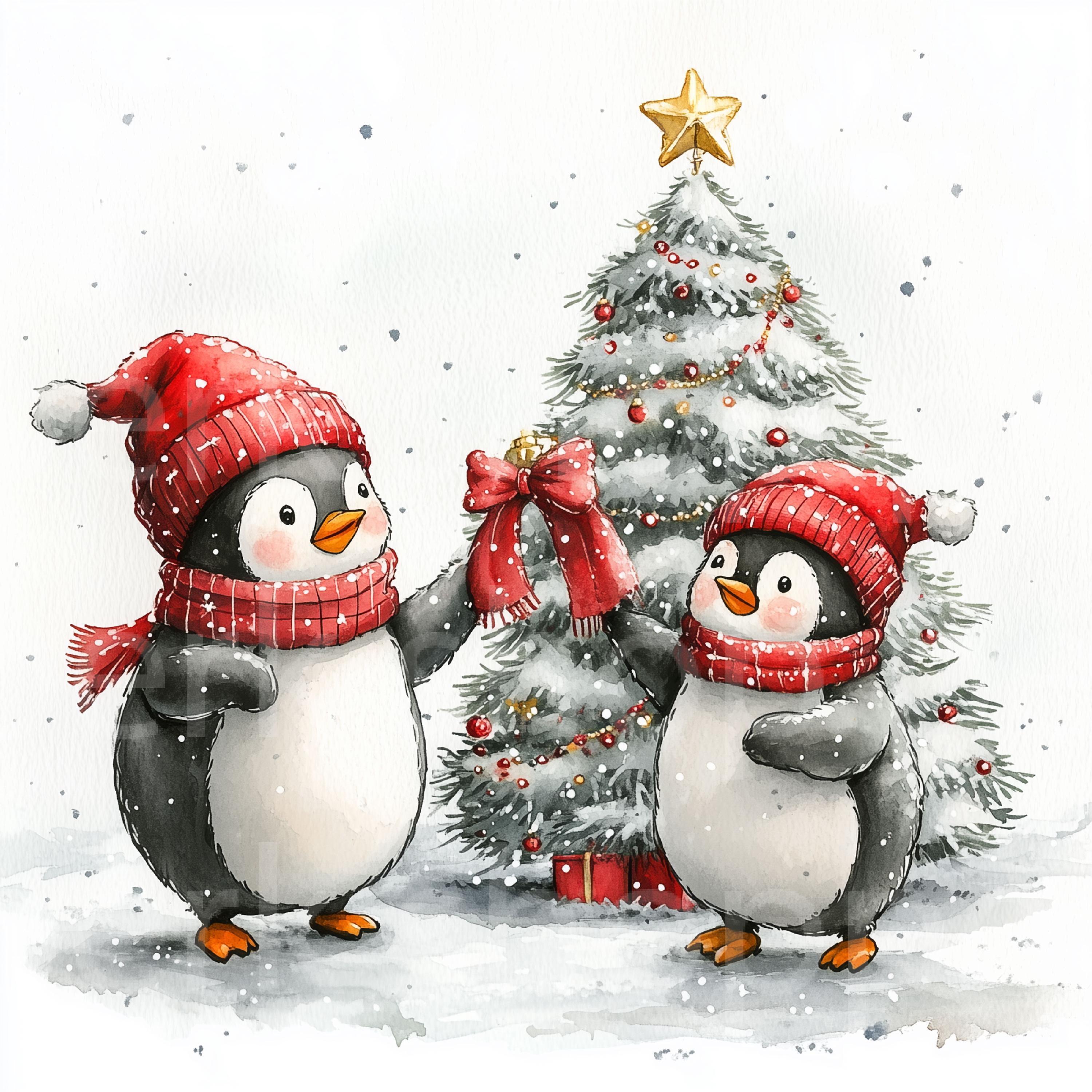 Christmas Penguin Clipart, Xmas Tree Nursery Art, Card Making, Digital ...