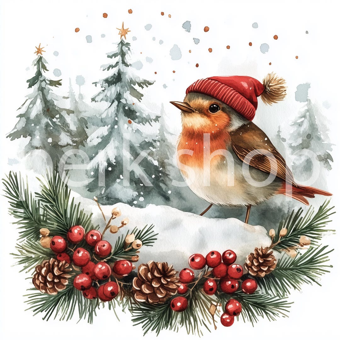 Robin Christmas Clipart: Watercolor Winter Bird Digital Decor (download ...