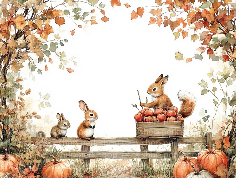 Autumn Animals Watercolor Clipart: Bunny, Squirrel, Bird Fall Scene ...