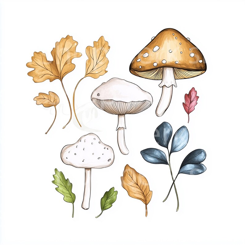 7 Woodland Mushrooms Clipart, Rustic Forest Fungi Watercolor ...