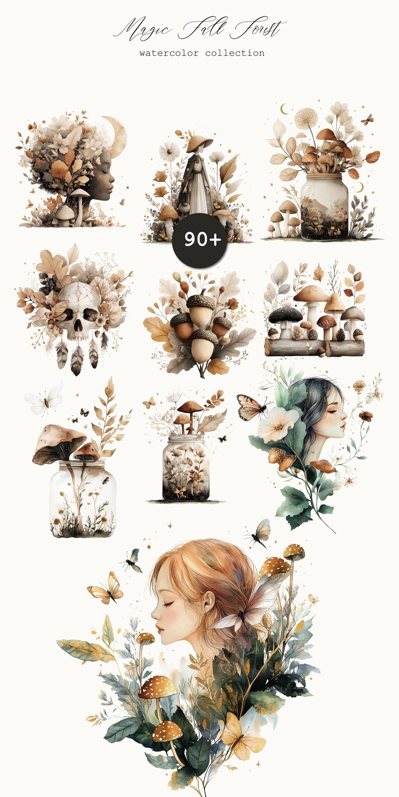 Watercolor Fall Forest Clipart: Woodland Animals, Pumpkins (90+ PNG ...