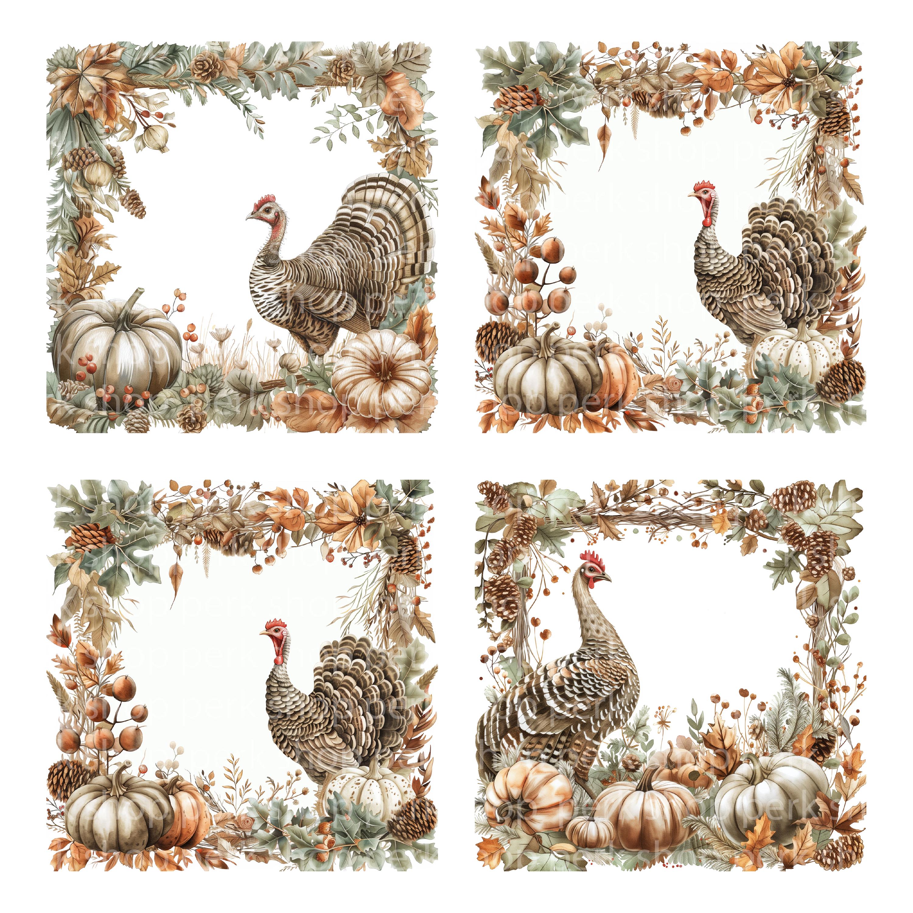 Thanksgiving Turkey Watercolor Clipart Frames: Autumn Harvest Graphics ...