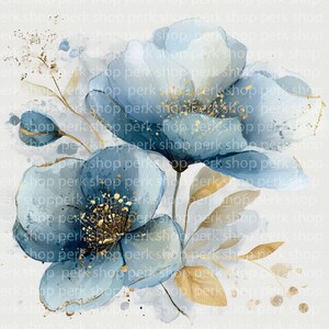 Blue Flower Abstract Watercolor Clipart: Blue & Gold Shimmer Floral Art ...