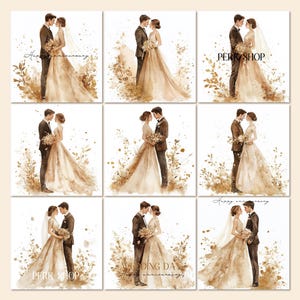 Autumn Wedding Couple Watercolor Clipart: Beige Invitation Design ...