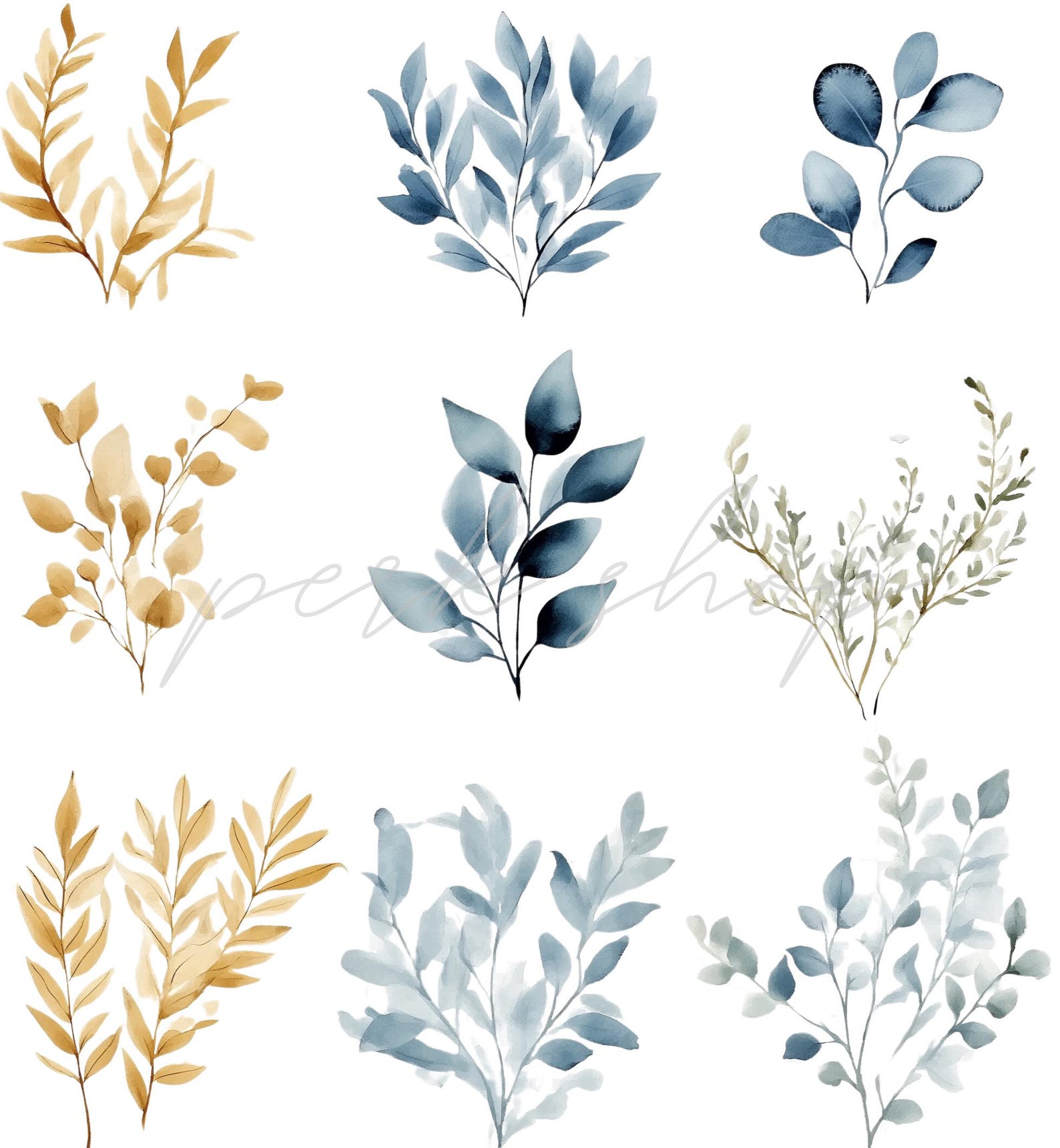 Blue and Gold Eucalyptus Watercolor Clipart: Mini Twigs (digital ...