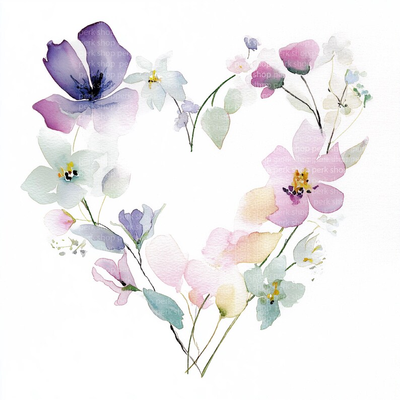 Watercolor Floral Heart Clipart, Pastel Spring Flowers (digital ...