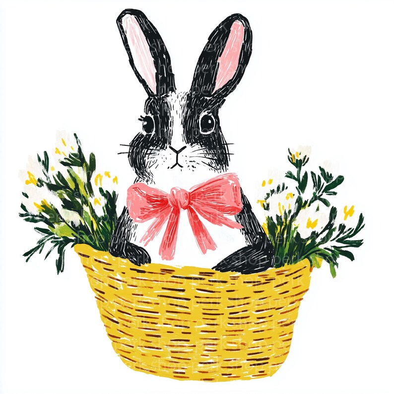 Easter Bunny Clipart, Spring Rabbit With Basket Flowers, Scrapbooking ...