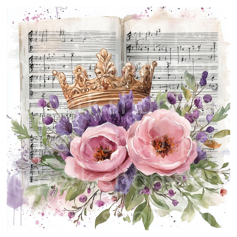 Music Notes Clipart, Floral Crown Vintage Ephemera Print, Flower ...