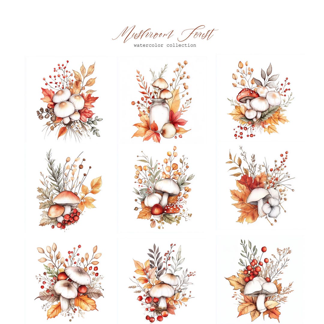 Watercolor Mushroom Clipart: Autumn Forest Botanical Illustrations ...