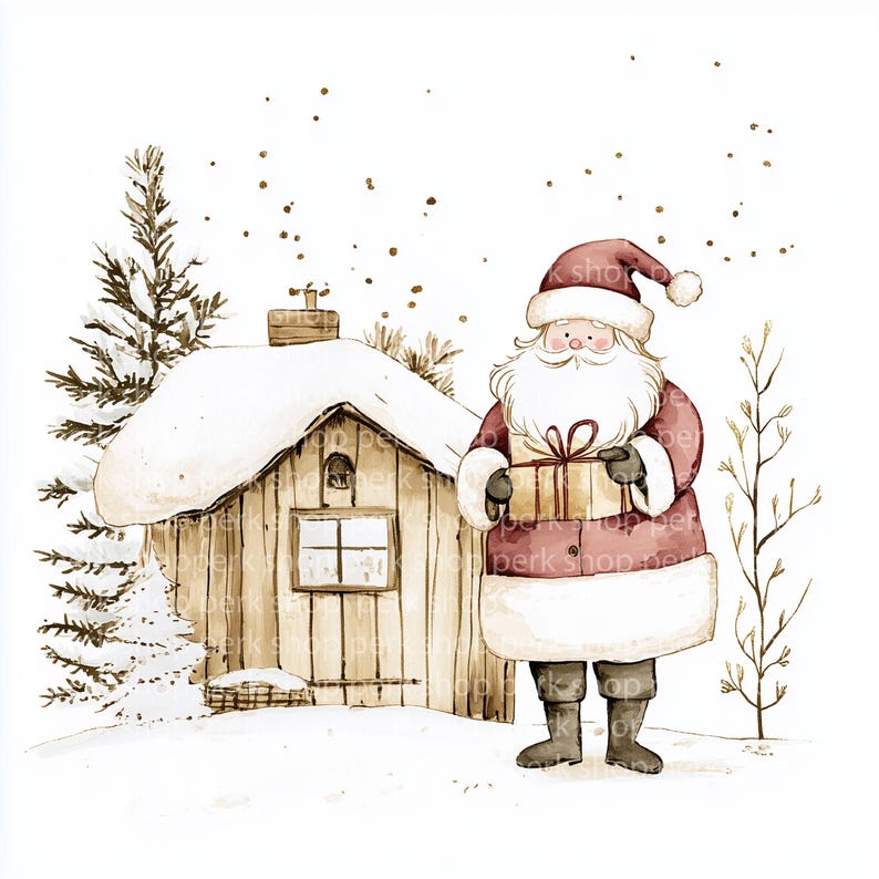 Watercolor Santa Clipart Set, Christmas Houses PNG (digital Download ...