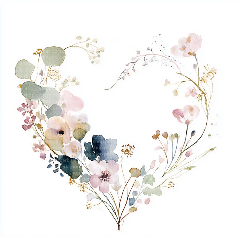 Watercolor Floral Heart Clipart, Pastel Wedding Wreath (digital ...