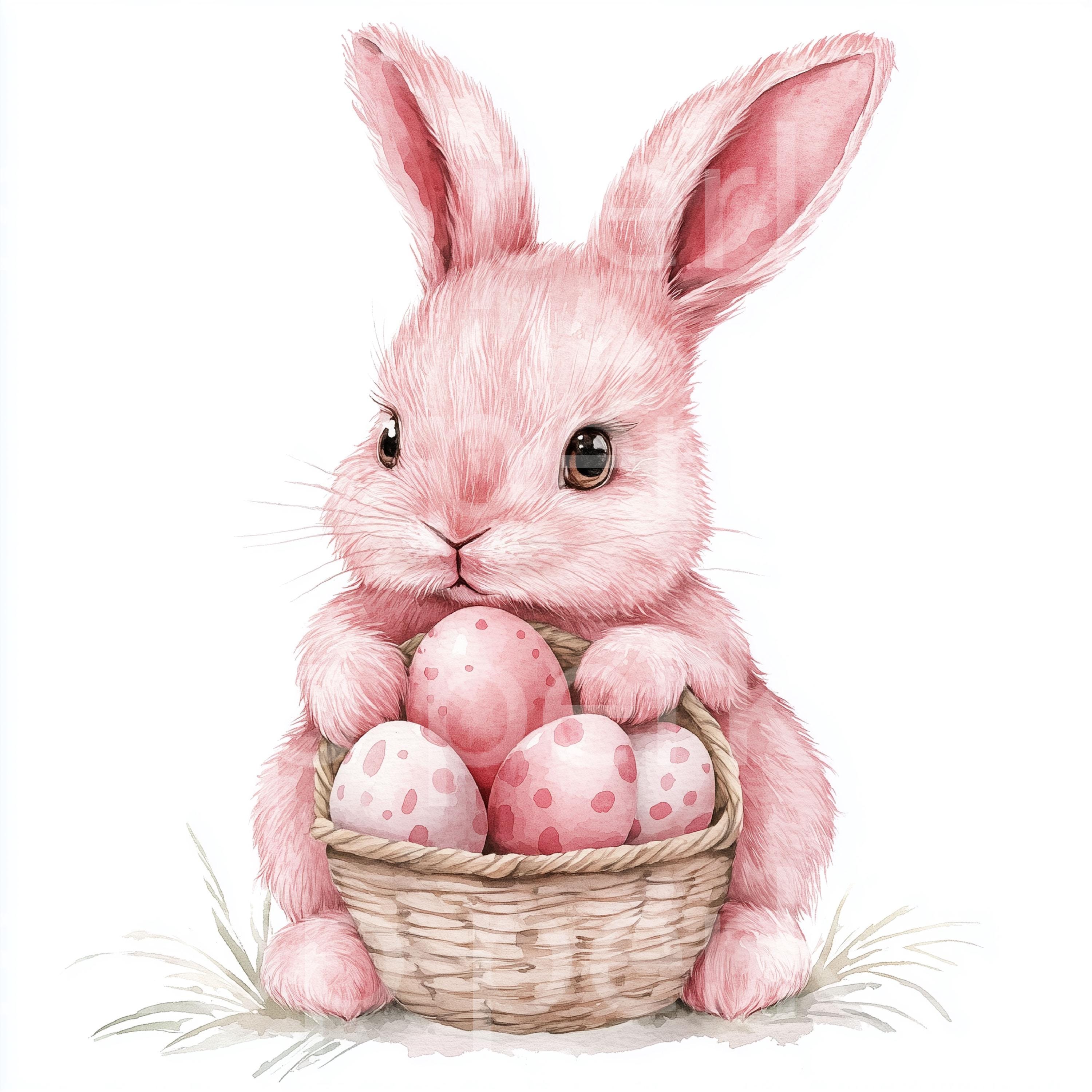 Pink Easter Bunny Clipart: Watercolor Rabbit With Basket (digital ...