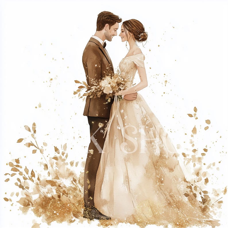 Autumn Wedding Couple Watercolor Clipart: Beige Invitation Design ...