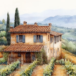 Watercolor Tuscany Villa Clipart: Italian Landscape Art (digital ...