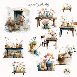 Spring Garden Clipart PNG, Easter Bunny Clipart, Watercolor Spring ...