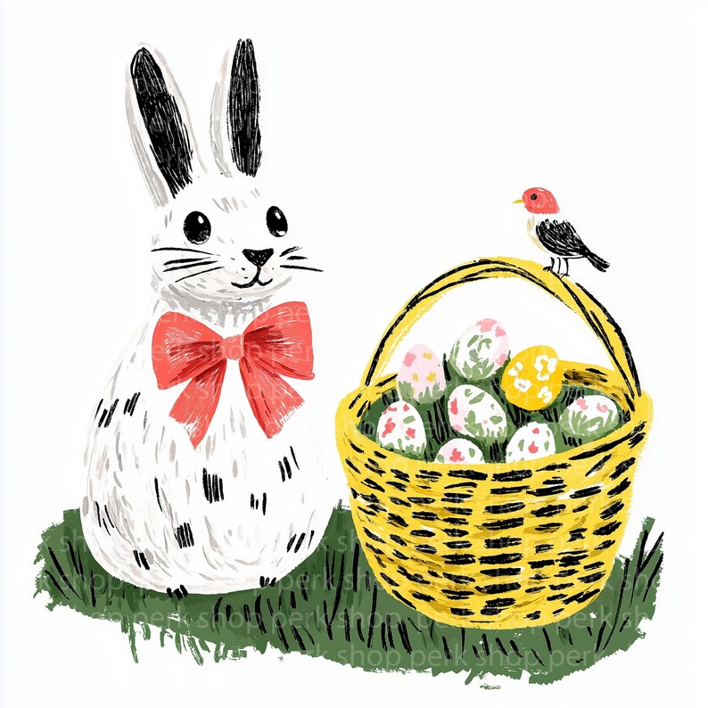 Easter Bunny Clipart, Spring Rabbit With Basket Flowers, Scrapbooking ...