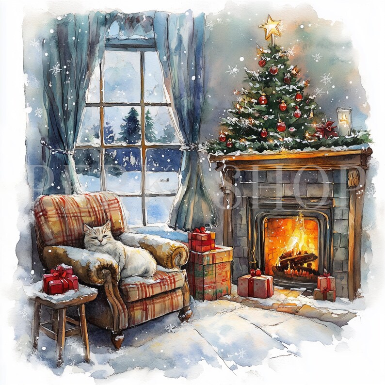 Vintage Christmas Watercolor Clipart: Cat, Fireplace, Tree (digital ...