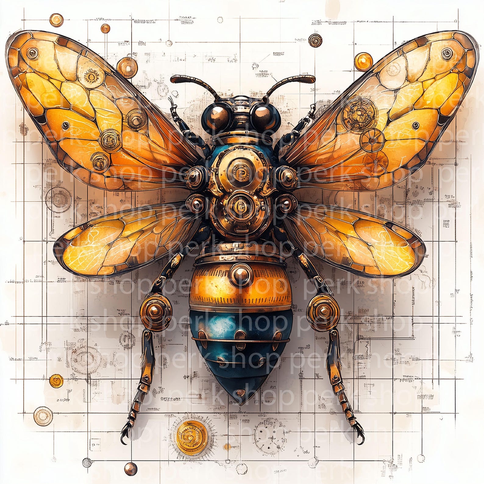 Steampunk Bee Watercolor Clipart: Vintage Insect Illustrations (digital ...