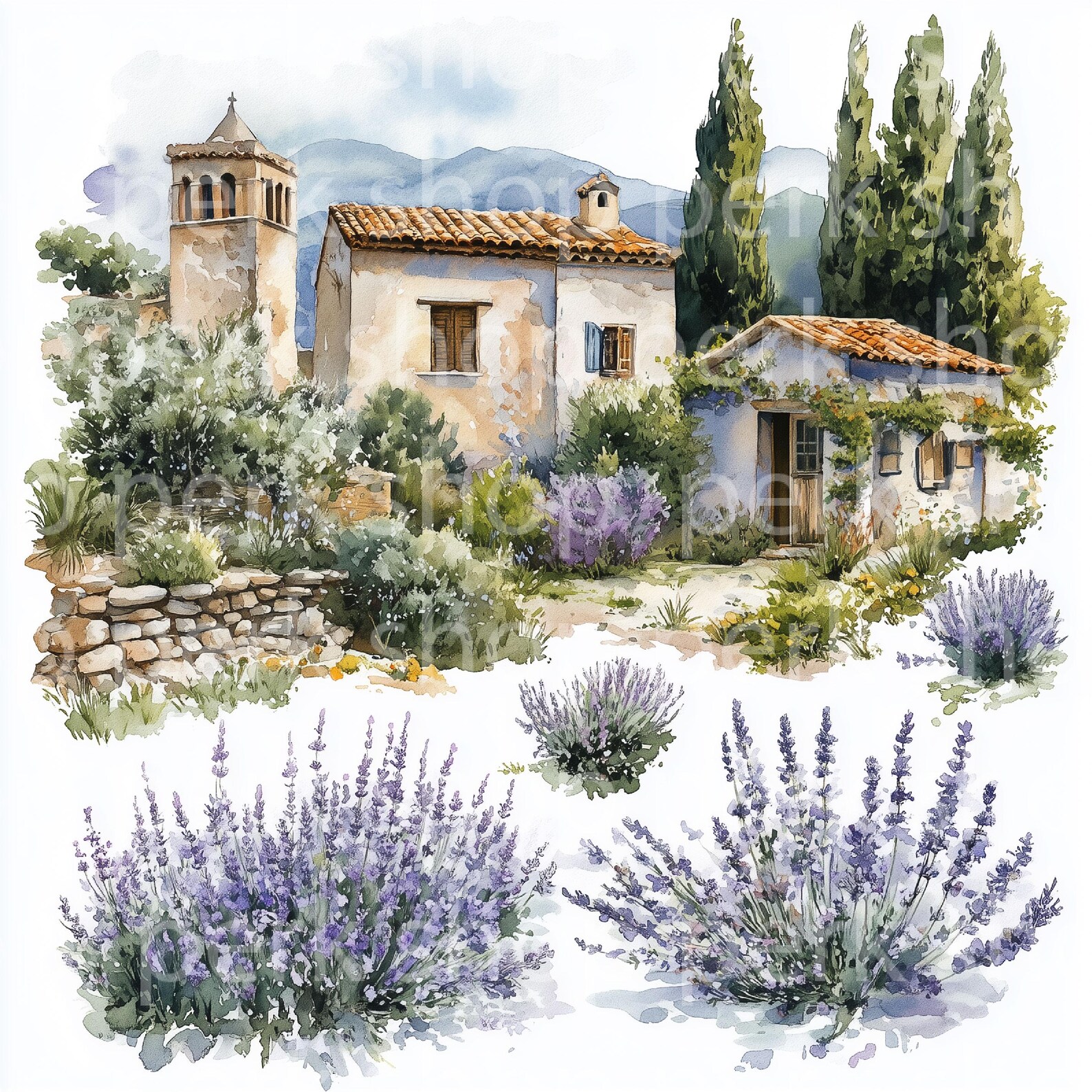 Provence Watercolor Clipart: French Village & Lavender (digital ...