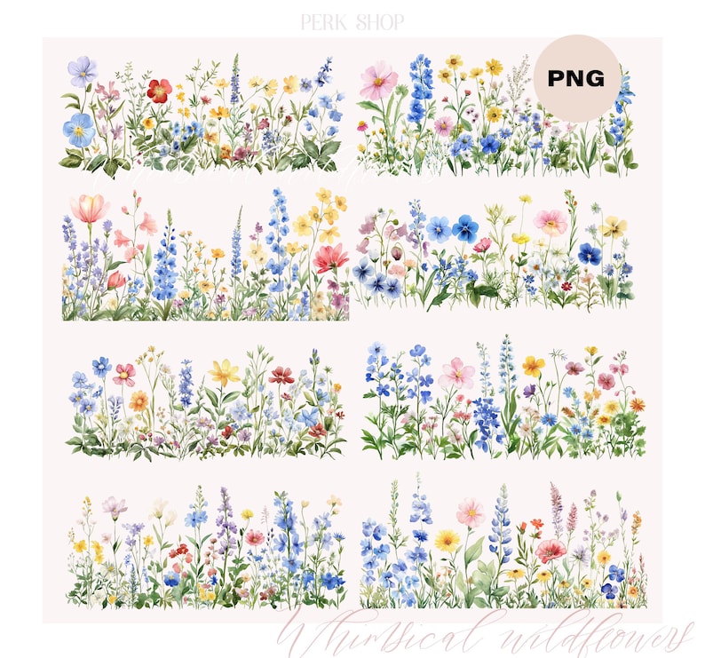 Wildflower PNG Borders, Watercolor Floral Clipart Set (digital Download ...