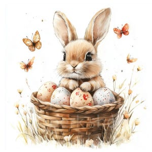 Easter Bunny Clipart, Spring Rabbit With Basket Flowers, Scrapbooking ...