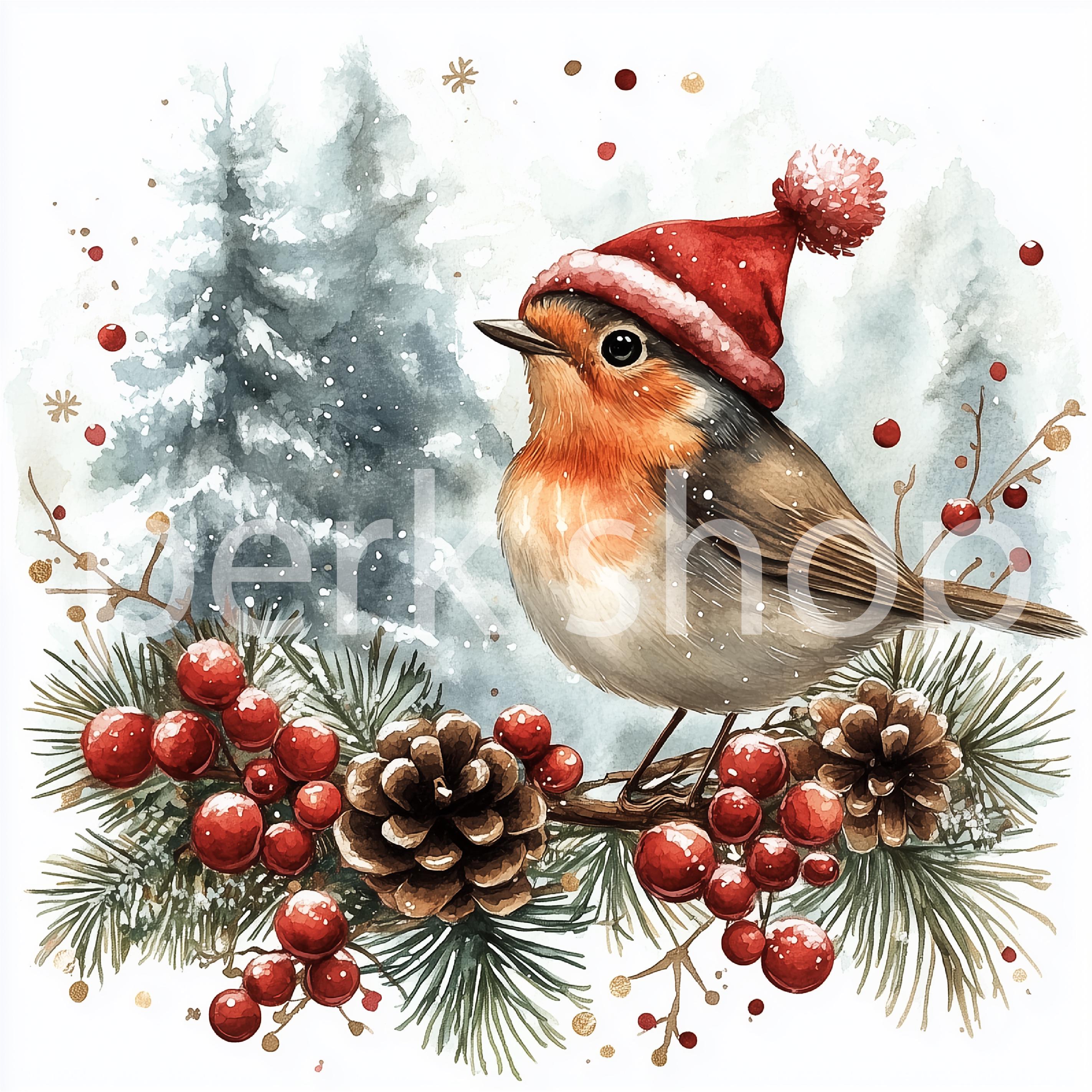 Robin Christmas Clipart: Watercolor Winter Bird Digital Decor (download ...