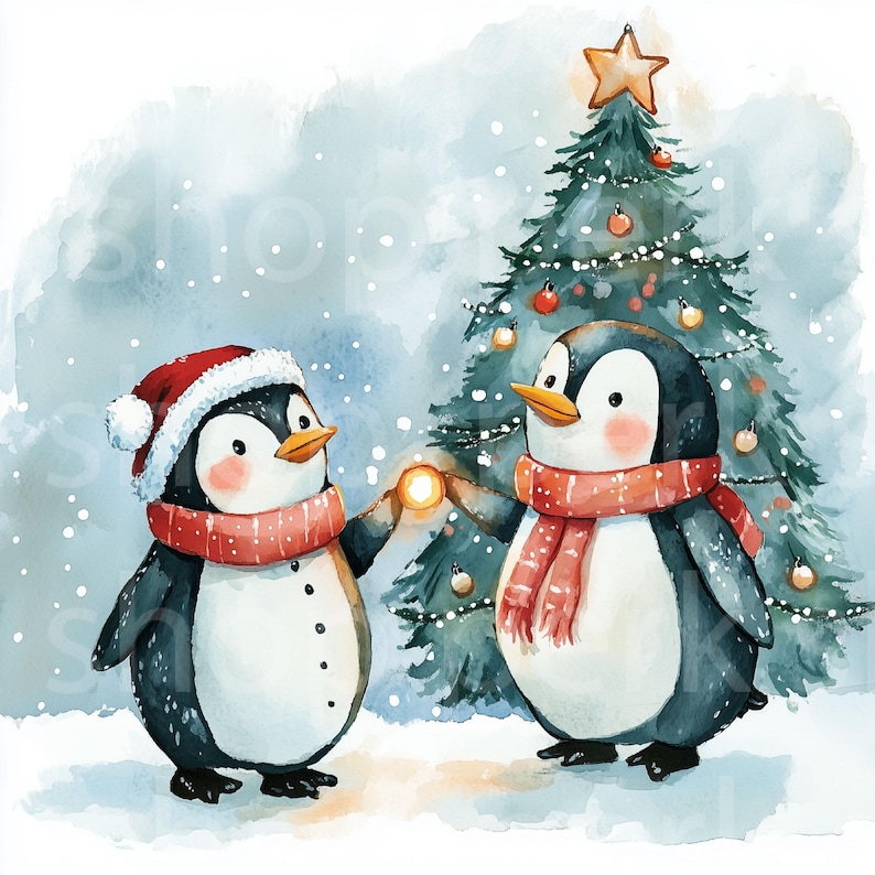 Christmas Penguin Clipart, Xmas Tree Nursery Art, Card Making, Digital ...