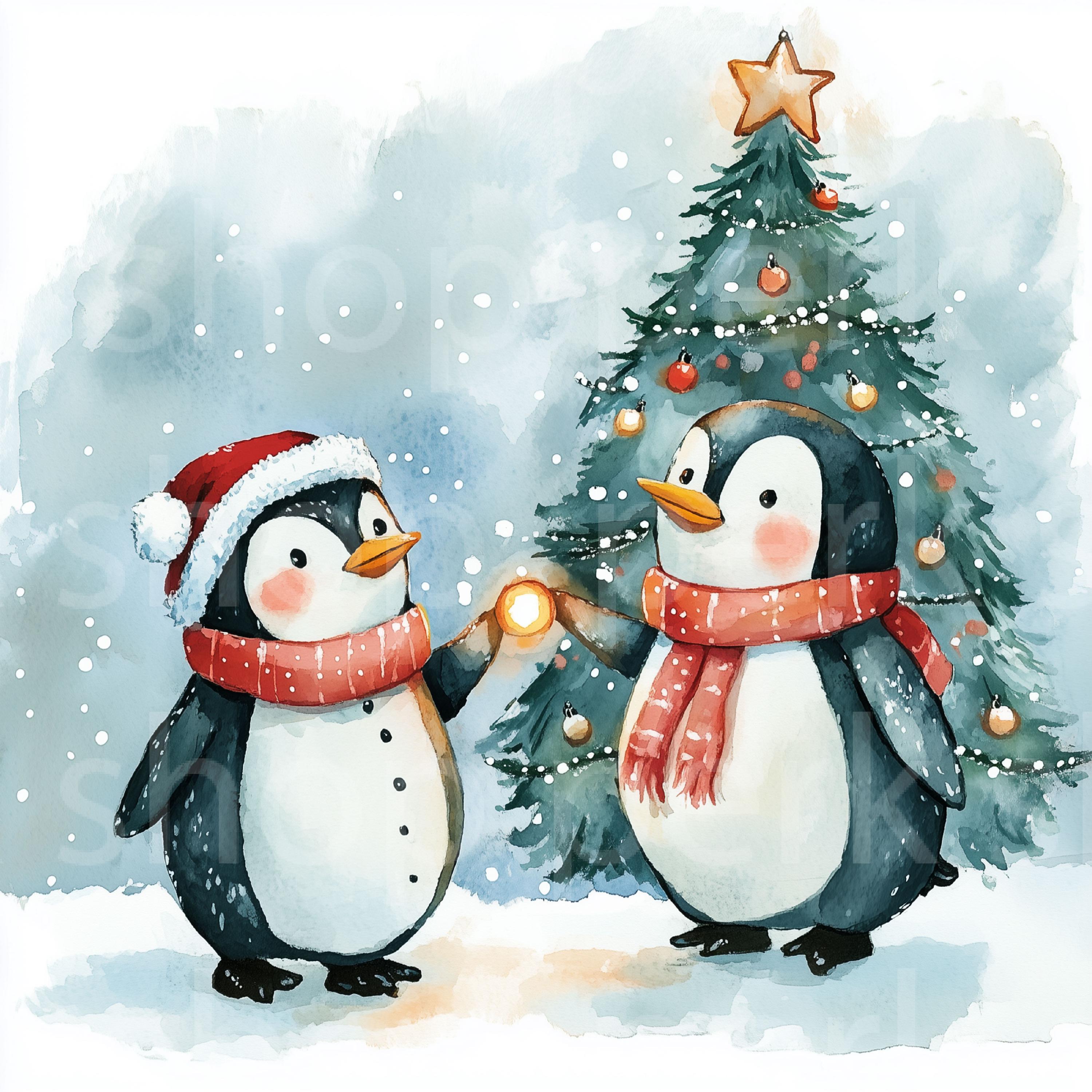 Christmas Penguin Clipart, Xmas Tree Nursery Art, Card Making, Digital ...