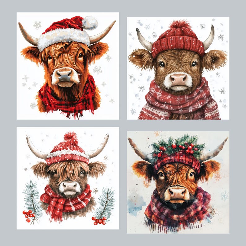 12 Christmas Highland Cow Digital Prints, Winter Farm Animal Wall Art ...