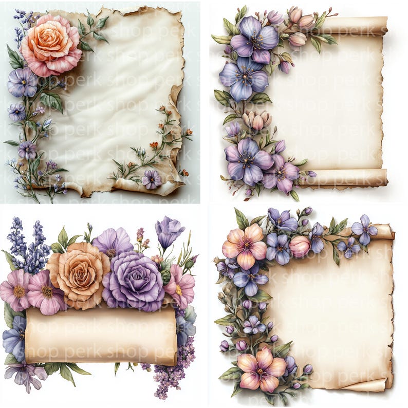 21 Floral Scroll Paper Clipart, Old Paper Flowers Clipart, High Quality ...