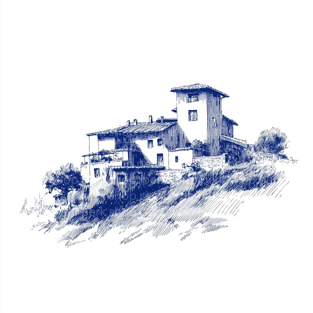 Italian Countryside House Sketch Printable, Vintage Pen Ink Drawing ...