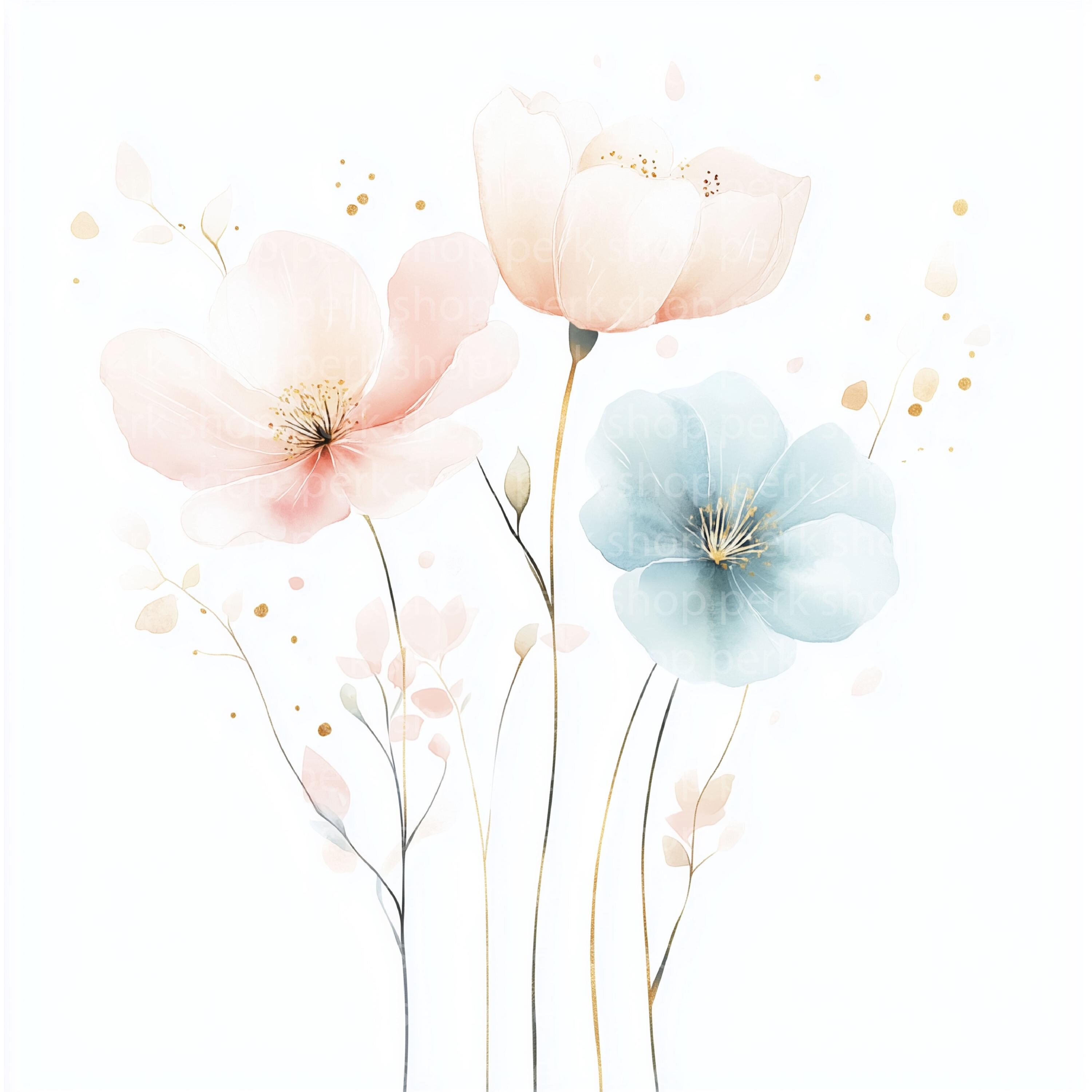Watercolor Floral Clipart: Pink, Blue & Gold Flowers (digital Download ...