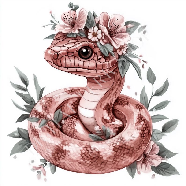 Baby Pink Snake Clipart, Cartoon Reptile Watercolor Digital Art ...