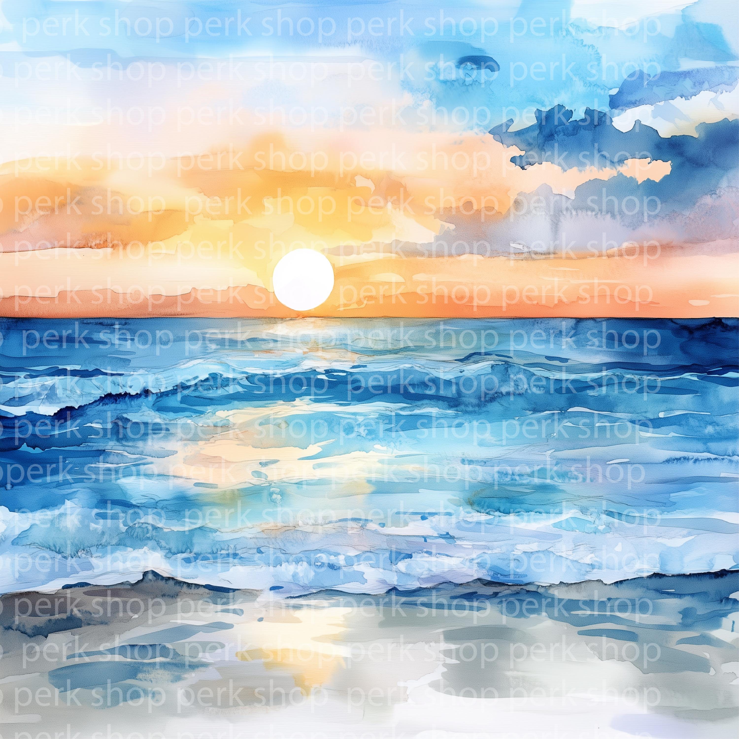 Watercolor Sunset Beach Clipart: Tropical Ocean Coast (digital Download ...