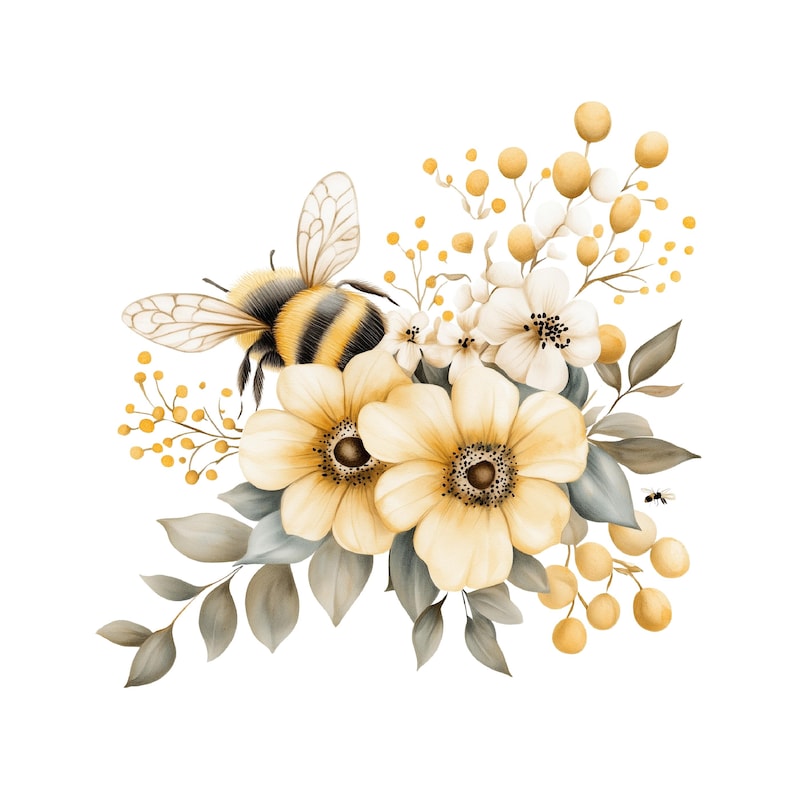 Floral Bee Watercolor Clipart: Wildflower PNG Borders (digital Download ...