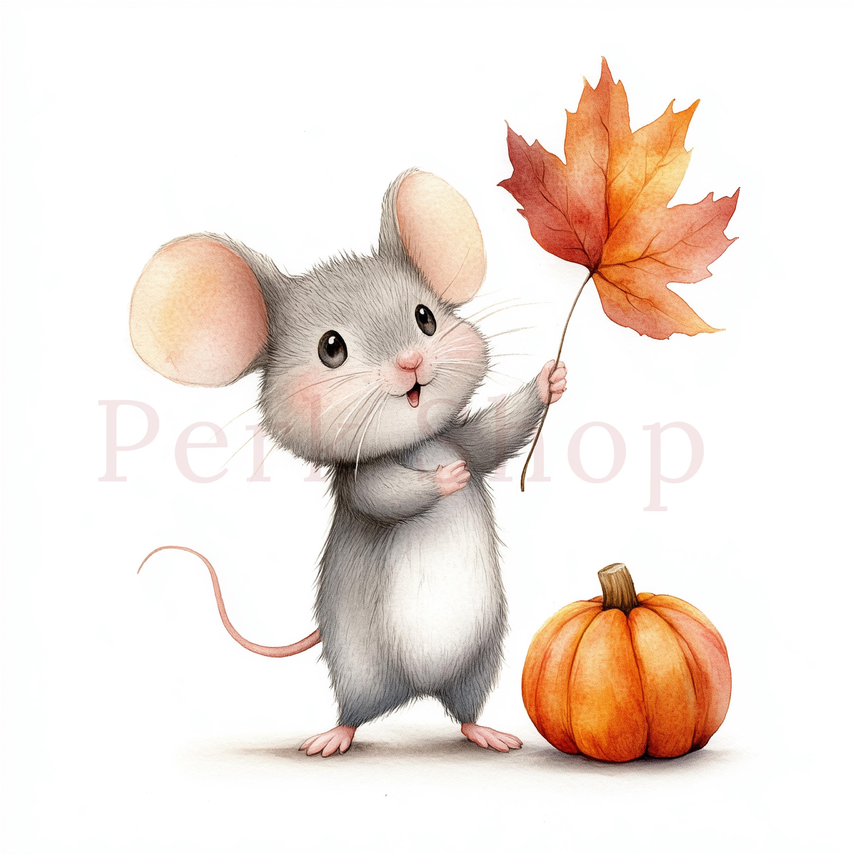 17 Mouse With Autumn Leaf Clipart, Watercolor Animal, Pumpkin Fall ...