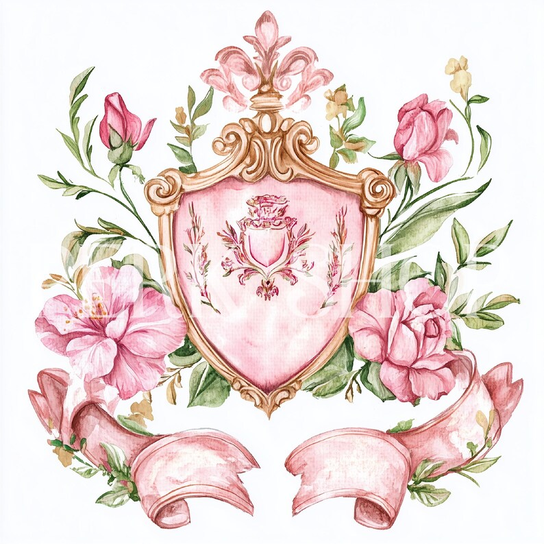 Rose Crest Watercolor Clipart: Pink Floral Design (digital Download) - Etsy
