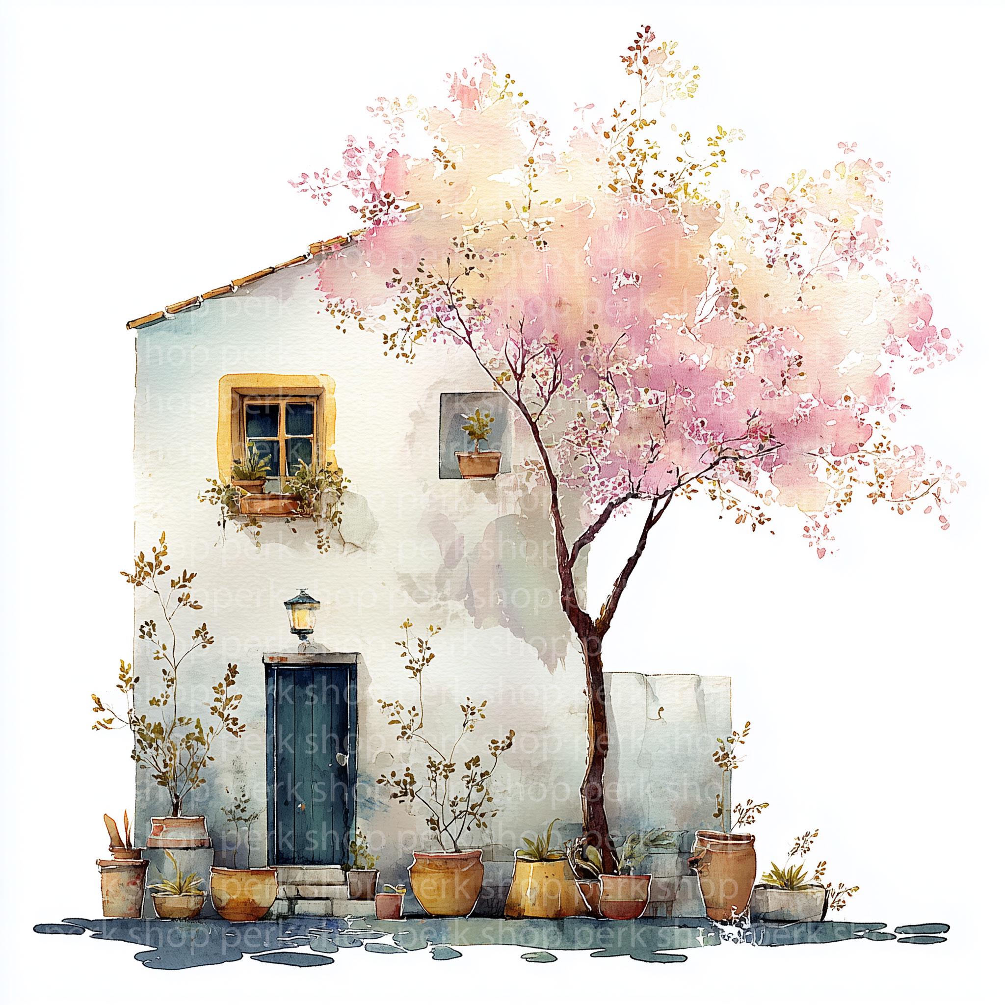 Spring Cottage Watercolor House, Blooming Tree Illustration, Cozy ...