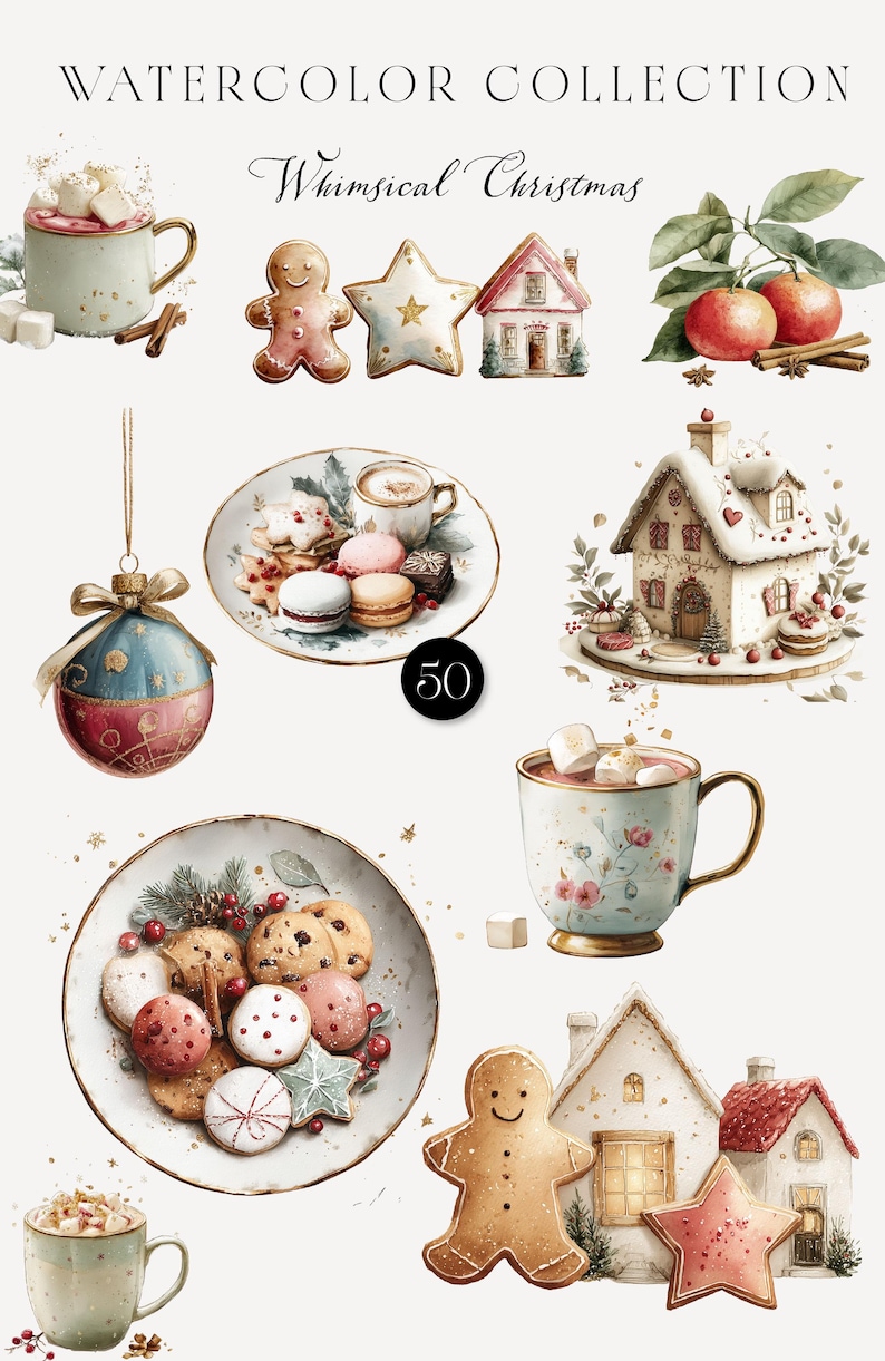 Watercolor Christmas Clipart – 56 PNG Illustrations, Holiday Decor ...