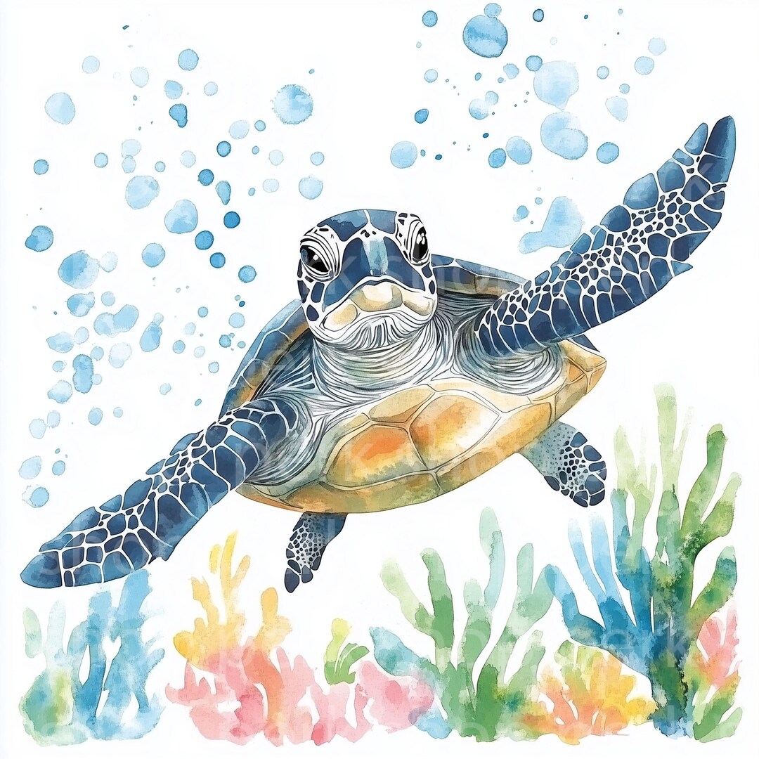 Sea Turtle Watercolor Clipart: Marine Corals, Underwater Animal ...