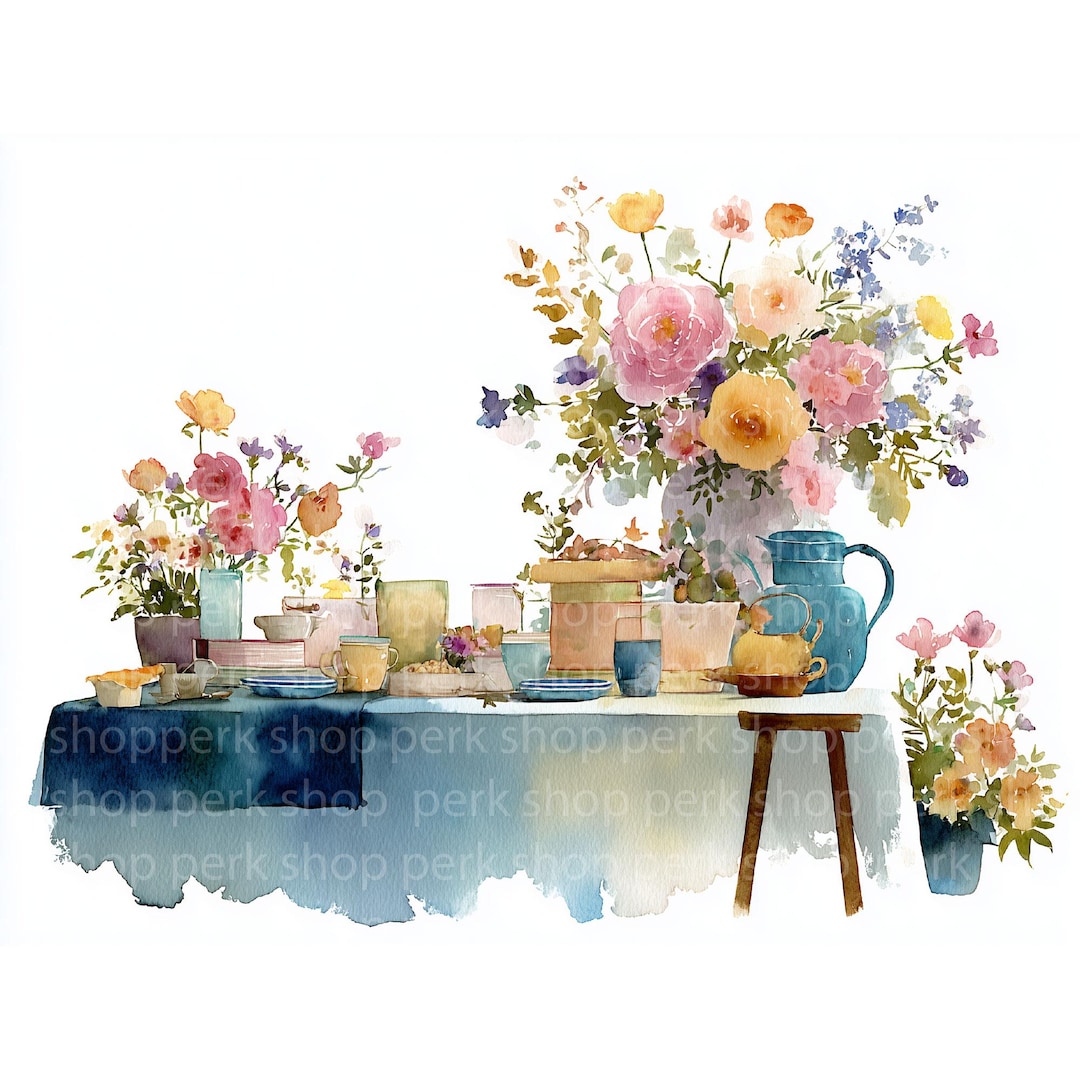 Watercolor Spring Picnic Clipart, Easter Picnic Illustration, Floral ...