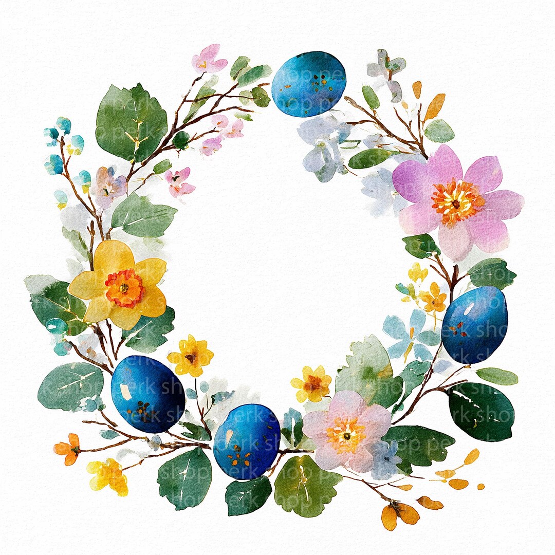 8 Easter Floral Wreath Clipart PNG, Watercolor Eggs Flowers Clip Art ...